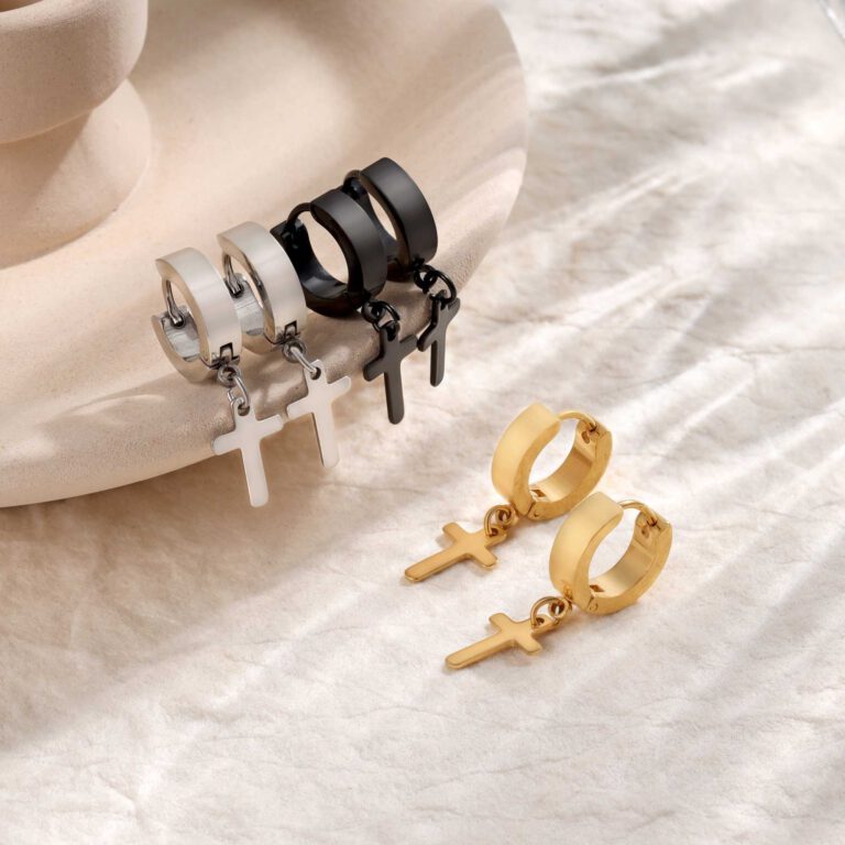Mens Hoop Cross Earrings [Silver, Gold, Black] | FARUZO