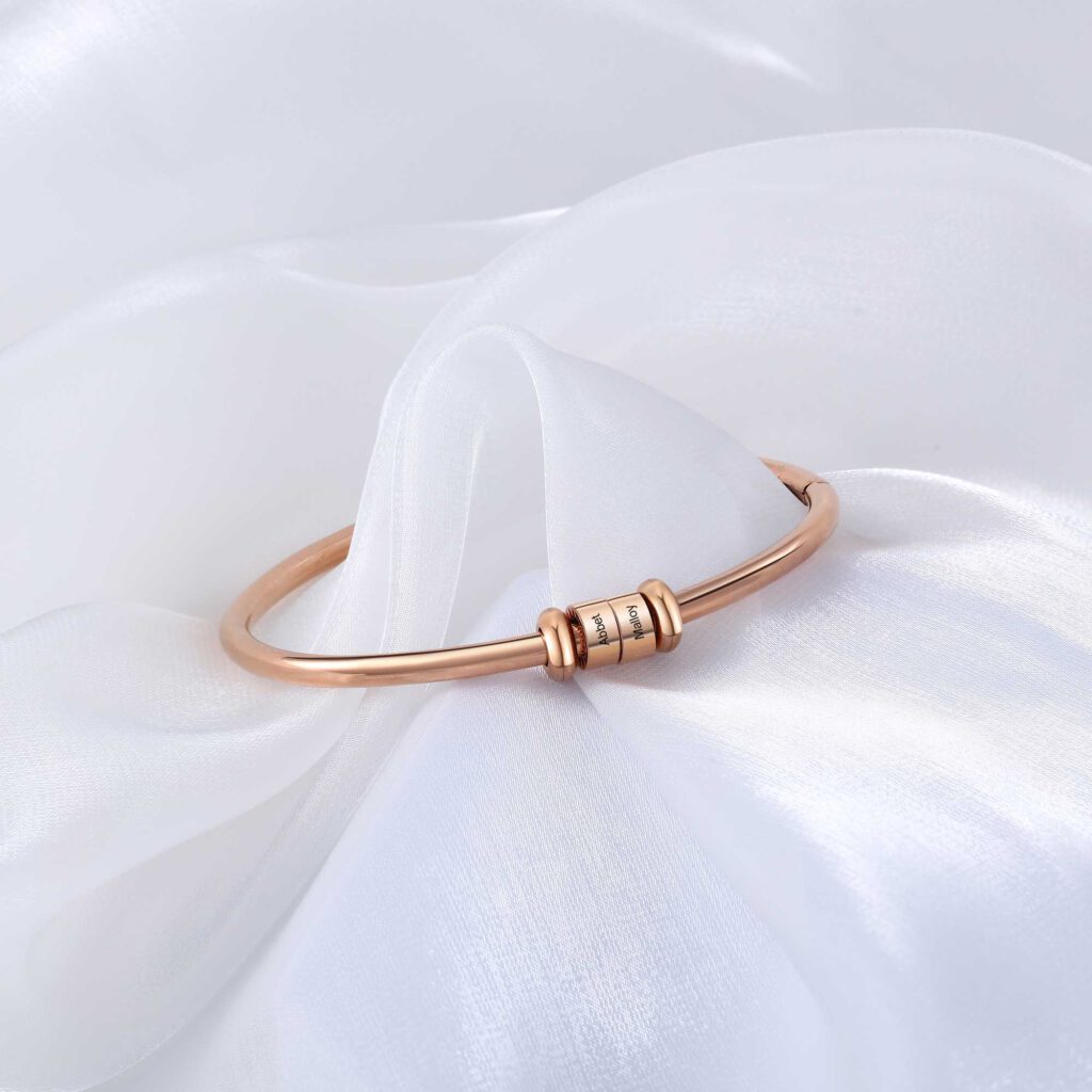 Open Bangle Bracelet with Engrave Beads [Personalized] | FARUZO